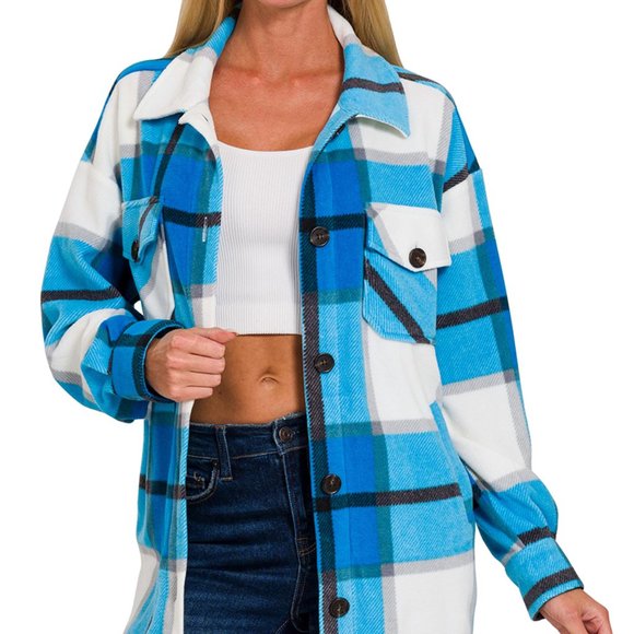 Zenana Outfitters | Tops | Deep Sky Blue Oversized Plaid Fleece Shacket ...